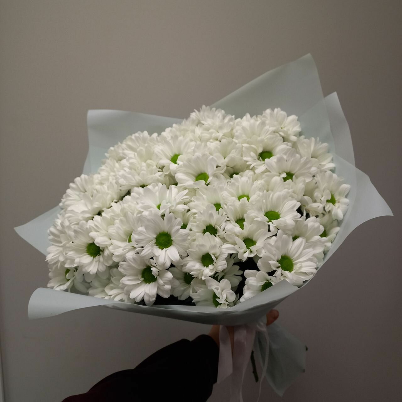 Букет Well-Flowers, круглый, монобукет, хризантемы, 19 штук, высота 60см, букет свежих цветов — фото 1