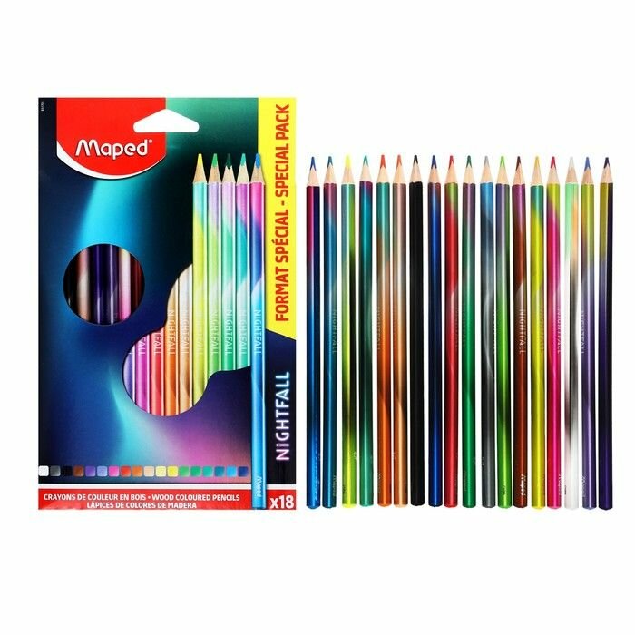 Цветные карандаши Maped 18 цветов, NIGHTFALL деревянные, декорированные (831701)