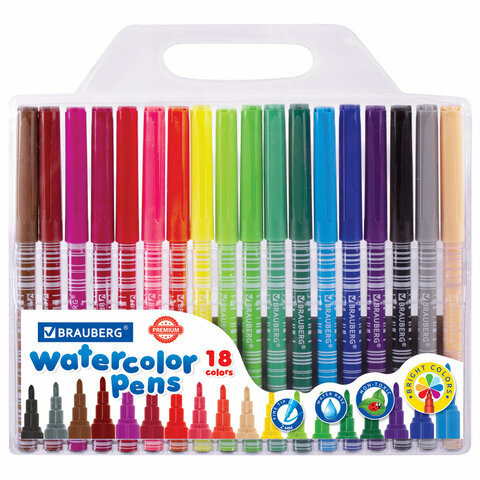Фломастеры BRAUBERG "PREMIUM", 18 цветов, корпус С печатью, вентилируемый колпачок, ПВХ-упаковка с европодвесом, 151943