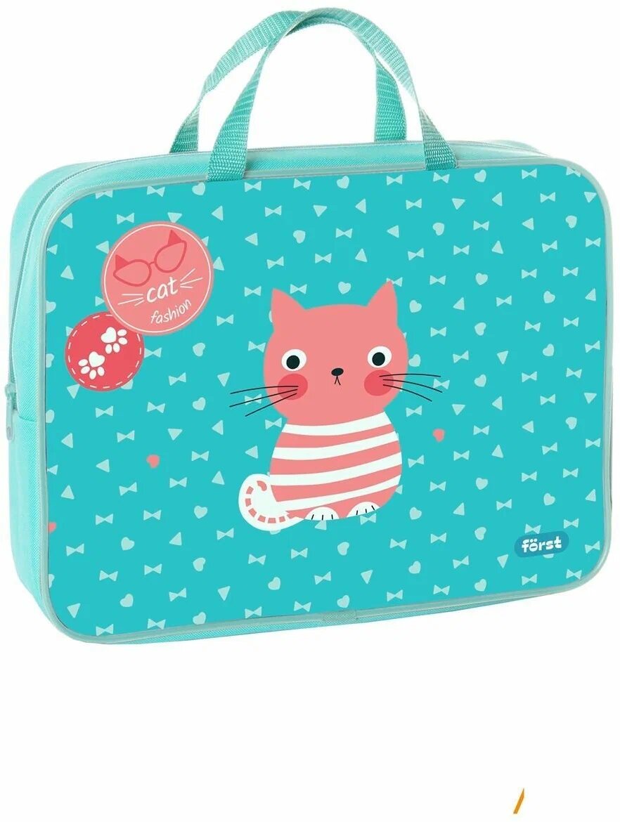 Папка FORST "ORANGE CAT", на молнии, А4, с ручками, для школы, розовая, бирюзовая