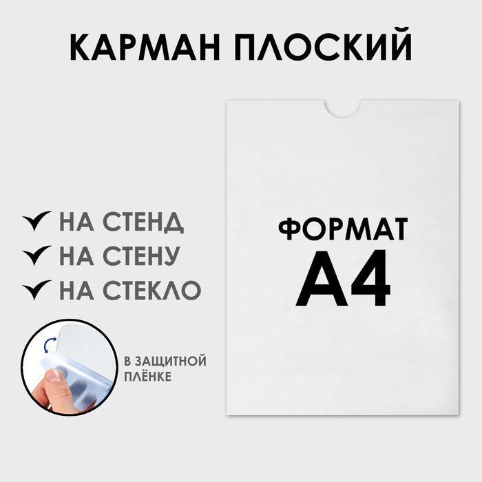 Карман плоский А4, 22.5×0.2×31 см, без скотча для крепления, с вырубкой, оргстекло 1 мм, В защитной плёнке, 10 шт.