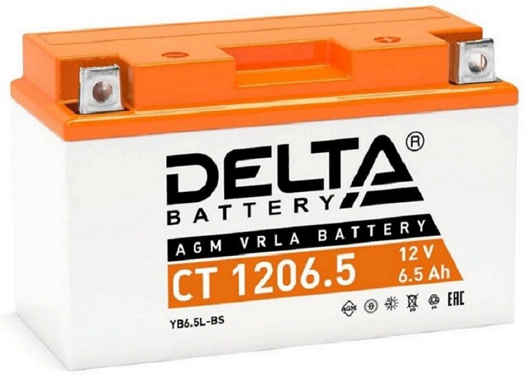 Аккумулятор для мотоцикла и скутера Delta CT1206.5 12V 6.5 А/ч 75 А обр. пол. залит/заряжен YB6.5L-BS (138х65х100) AGM VRLA YB6L-B YTX6.5L