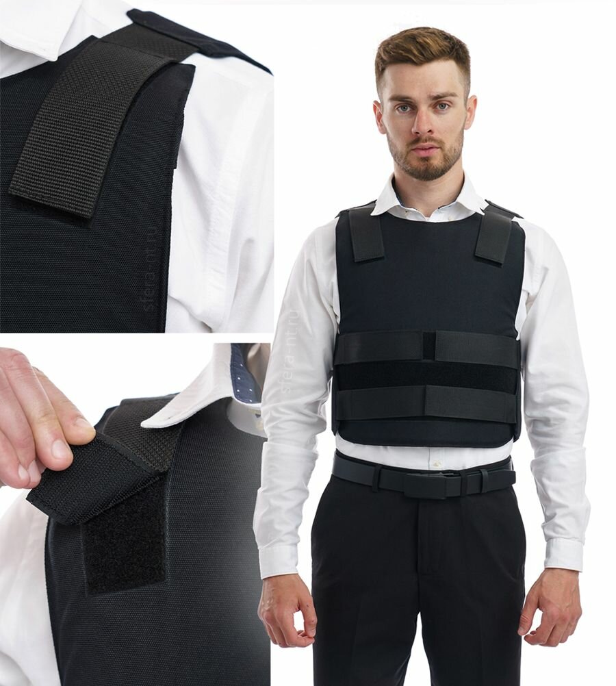 Бронежилет скрытого ношения с плитами Бр2 класса и с защитой чехла от х/о, осколков и Бр1 класса ("Сфера-Бр2", размер S, черный матовый, 3,3 кг)