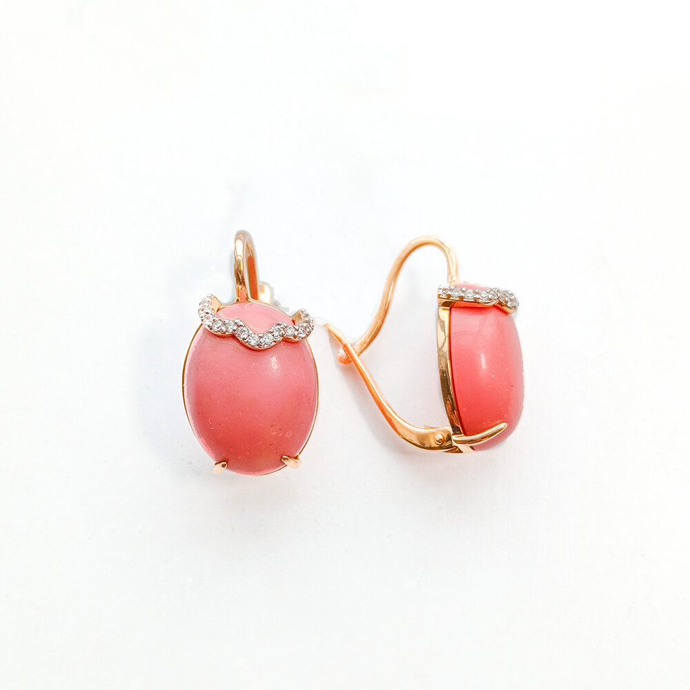 Серьги красное золото, 585 проба, фианит, коралл