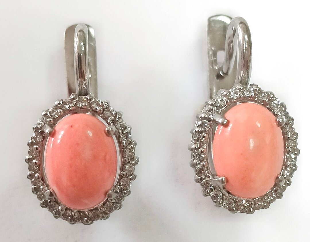 Серьги, серебро, 925 проба, родирование, коралл синтетический, фианит