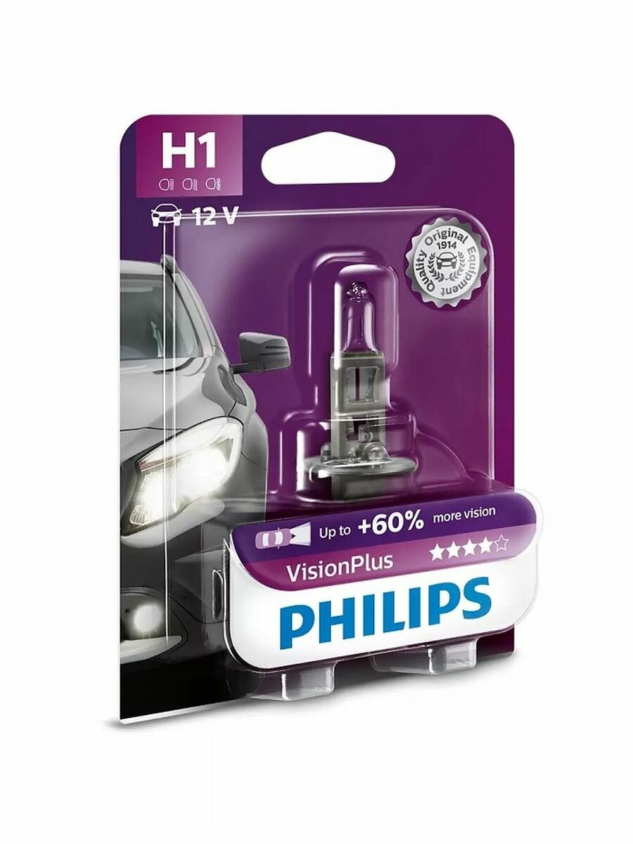 Лампа PHILIPS H1 12V-55W (P14,5s) +60% Plus Vision 1 шт.