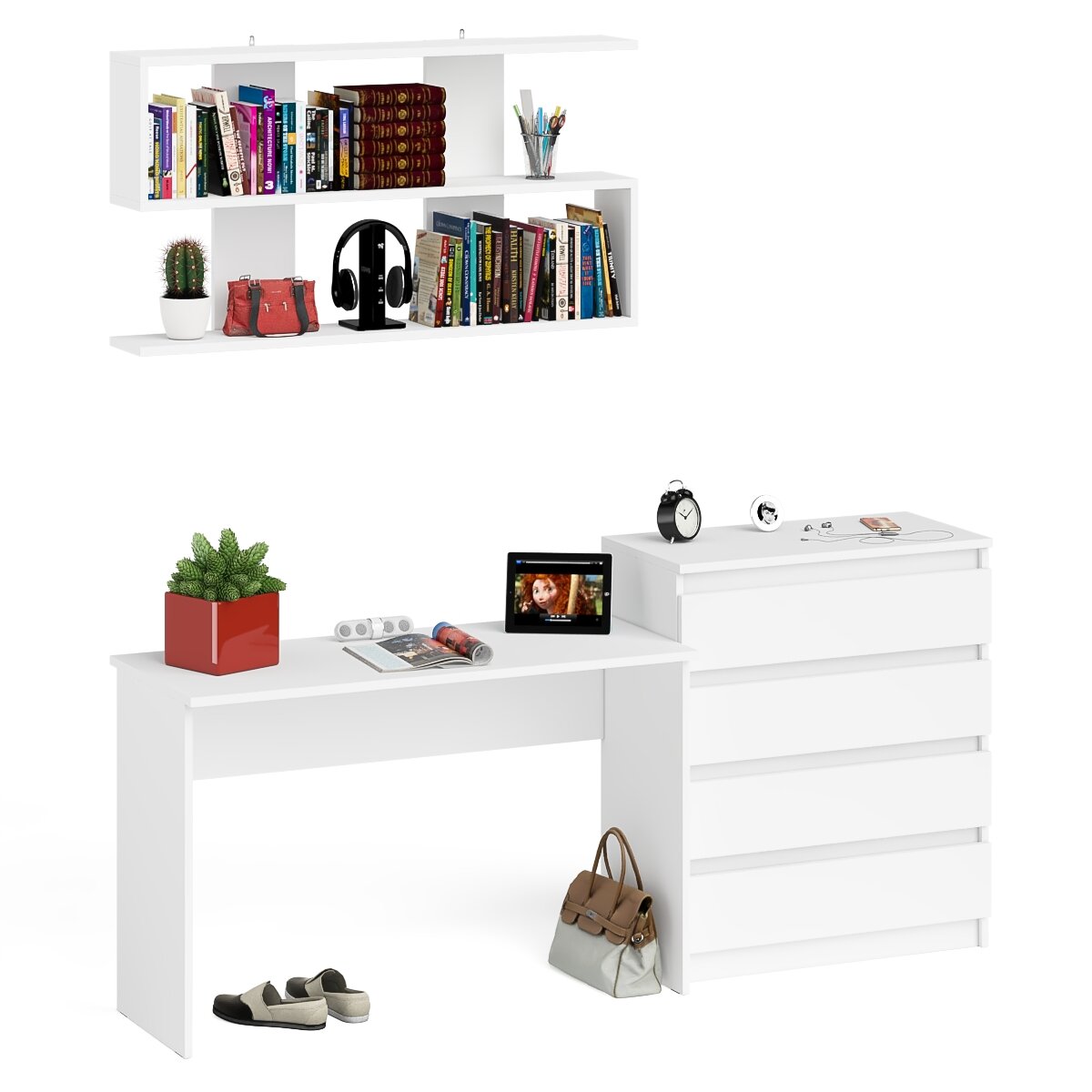 Комод четыре ящика СВК Мори МК800.4 с письменным столом с навесной полкой на 1200 белый