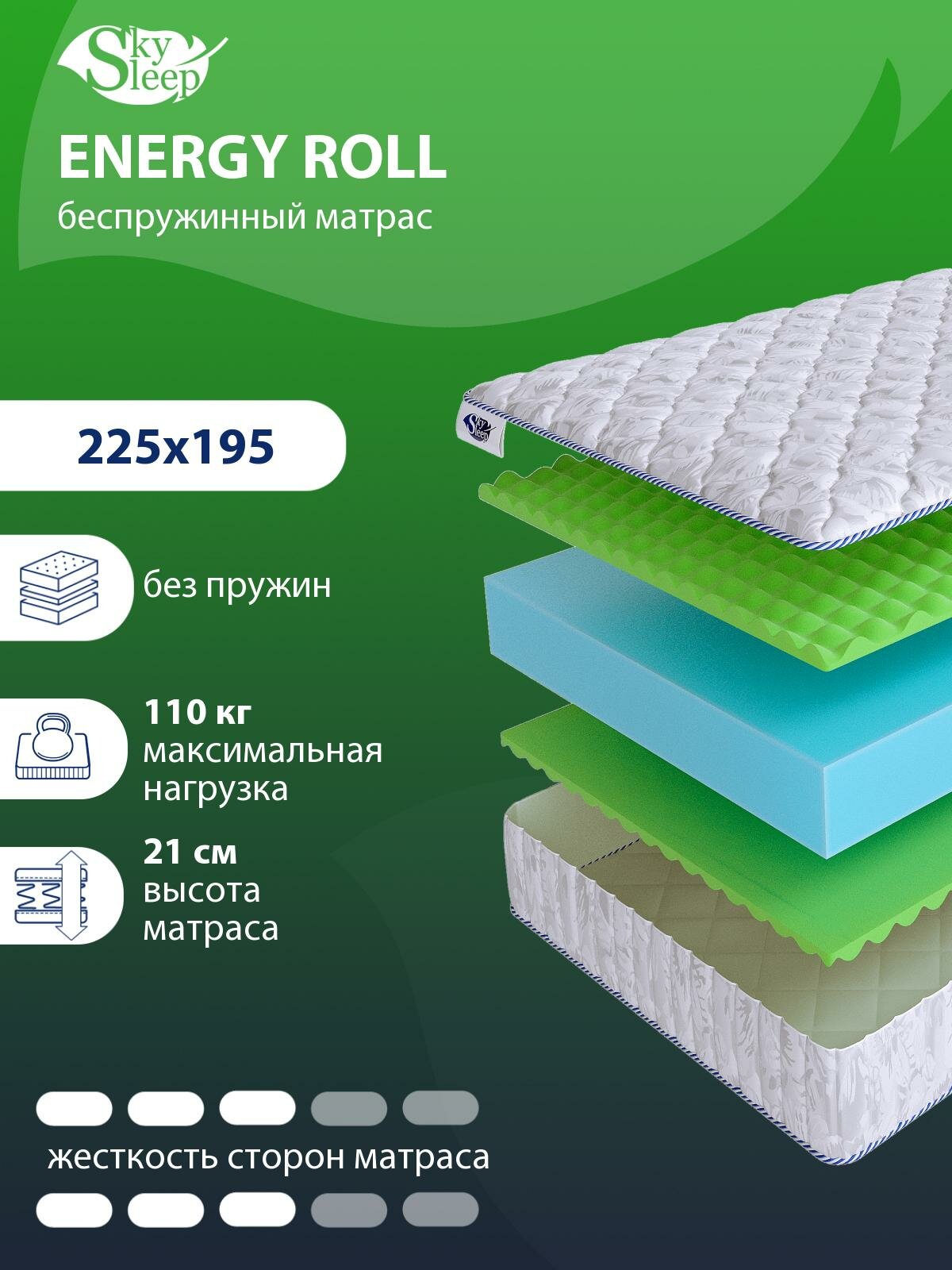 Матрас, Ортопедический матрас SkySleep ENERGY ROLL средней жесткости, двуспальный, беспружинный, на кровать 225x195