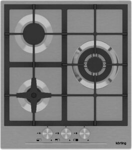 Варочная панель Korting Crystal, 45x51 см, газовая, нержавеющая сталь, независимая, электроподжиг, газ-контроль, чугунные решетки, в комплекте - подставка WOK и адаптер для кофейника, цвет-нержавеющая сталь