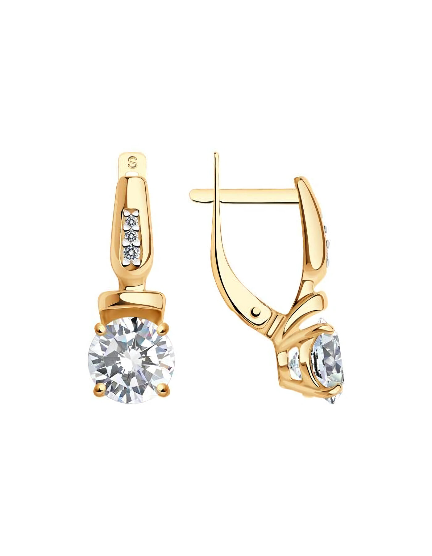 Серьги, серебро, 925 проба, золочение, фианит