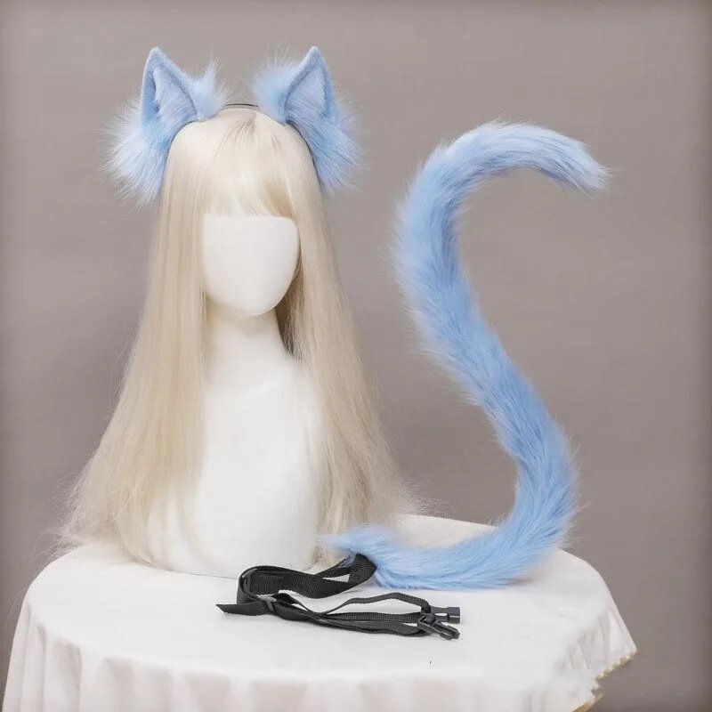 Кошачьи ушки и хвост Blue-2pcs, плюшевые Kawaii