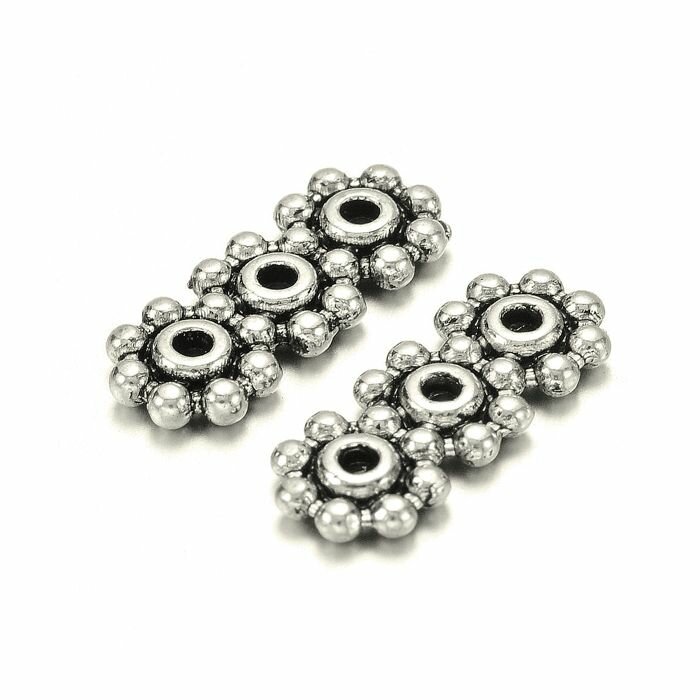 Разделитель, 15х6х2мм, цветочки, на 3 отверстия, базовый материал - цинковый сплав, стиль тибетское серебро, 50 шт.