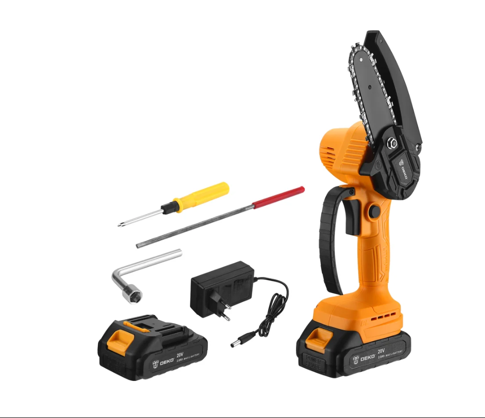 Цепная пила аккумуляторная Deko 063-4308 DKCHS 20-4 20В, 2х2.0Ач Li-ion, ЗУ, шина 10см, шаг 1/4, 1.1мм, 28 звеньев совместима с АКБ Makita 18В
