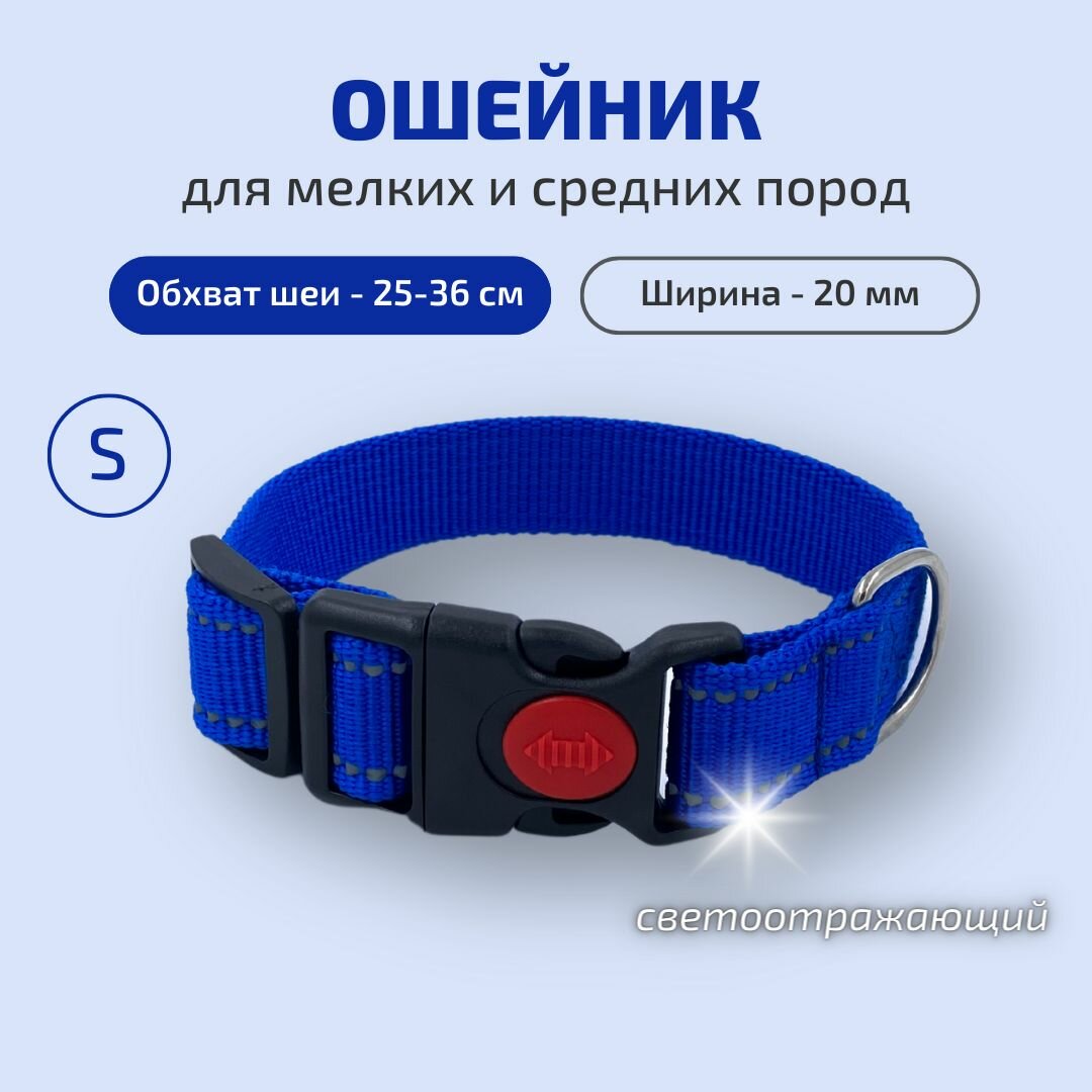 Ошейник для собак Povodki Shop светоотражающий, синий ширина 20 мм, обхват шеи 25-36 см