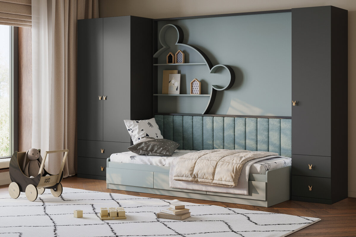 Стенка детская Банни-8 Черный для книг для одежды для посуды 135*210*52