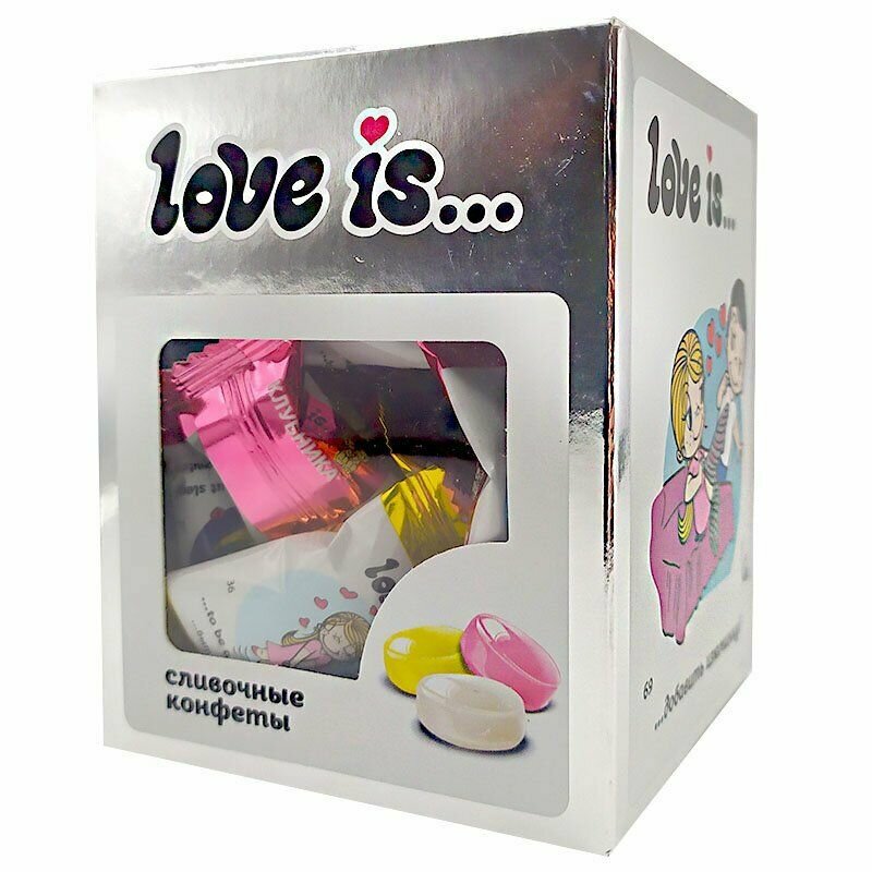 Конфета жевательная сливочная Love Is Лав Из (блок 105 гр) ассорти вкусов + вкладыши-картинки, Серебро коллекция. Набор в подарок на праздник, день рождения, 23 февраля, 8 марта, Новый год