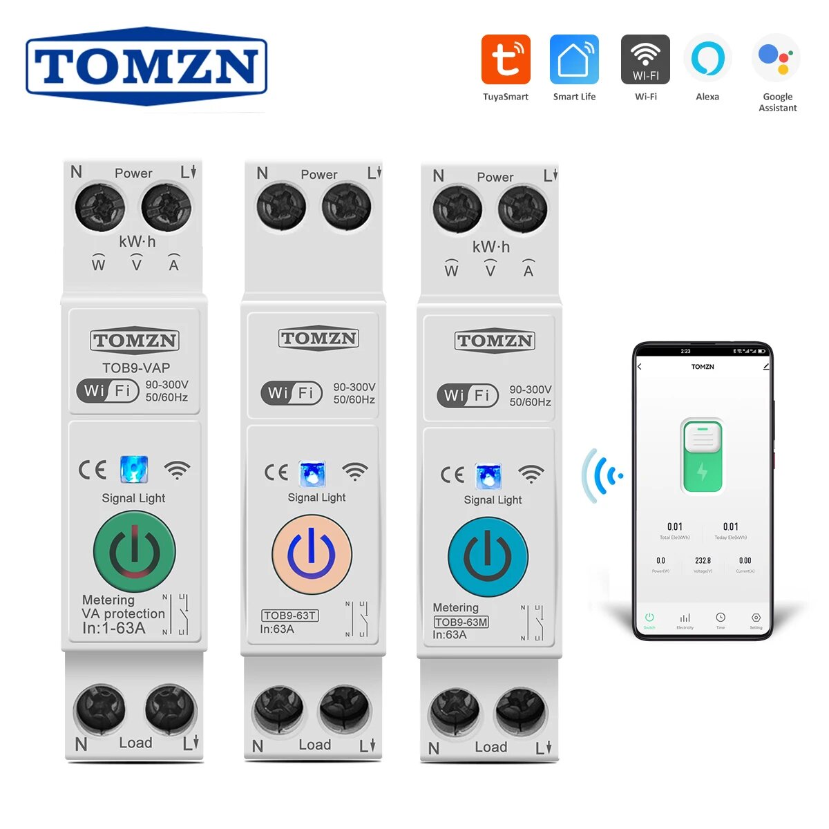 Умный выключатель с датчиком тока TOMZN TOB9-VAP TOB9-63M Metering, 40А