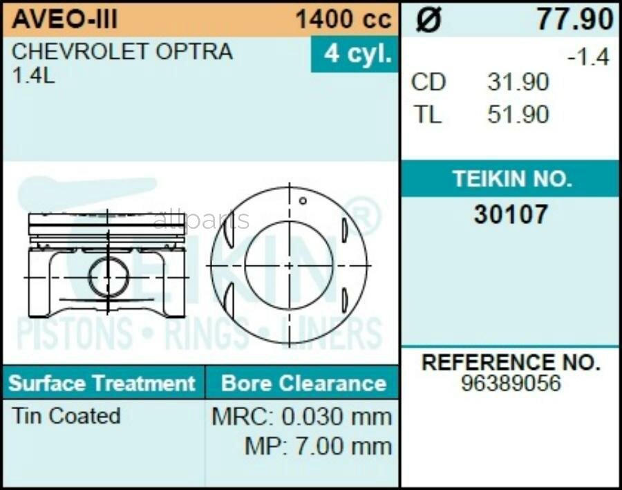 TEIKIN 30107 STD Поршни (к-т 4 шт) STD Chevrolet lacetti 1.4
