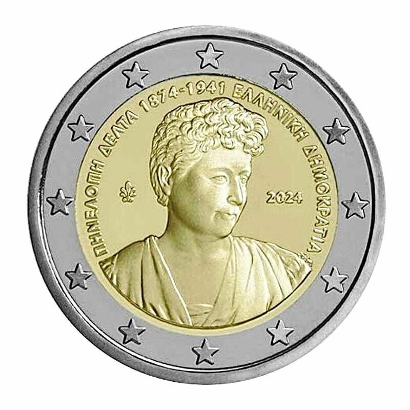 2 евро 2024 года Греция. 150 лет со дня рождения Пенелопы Дельты.