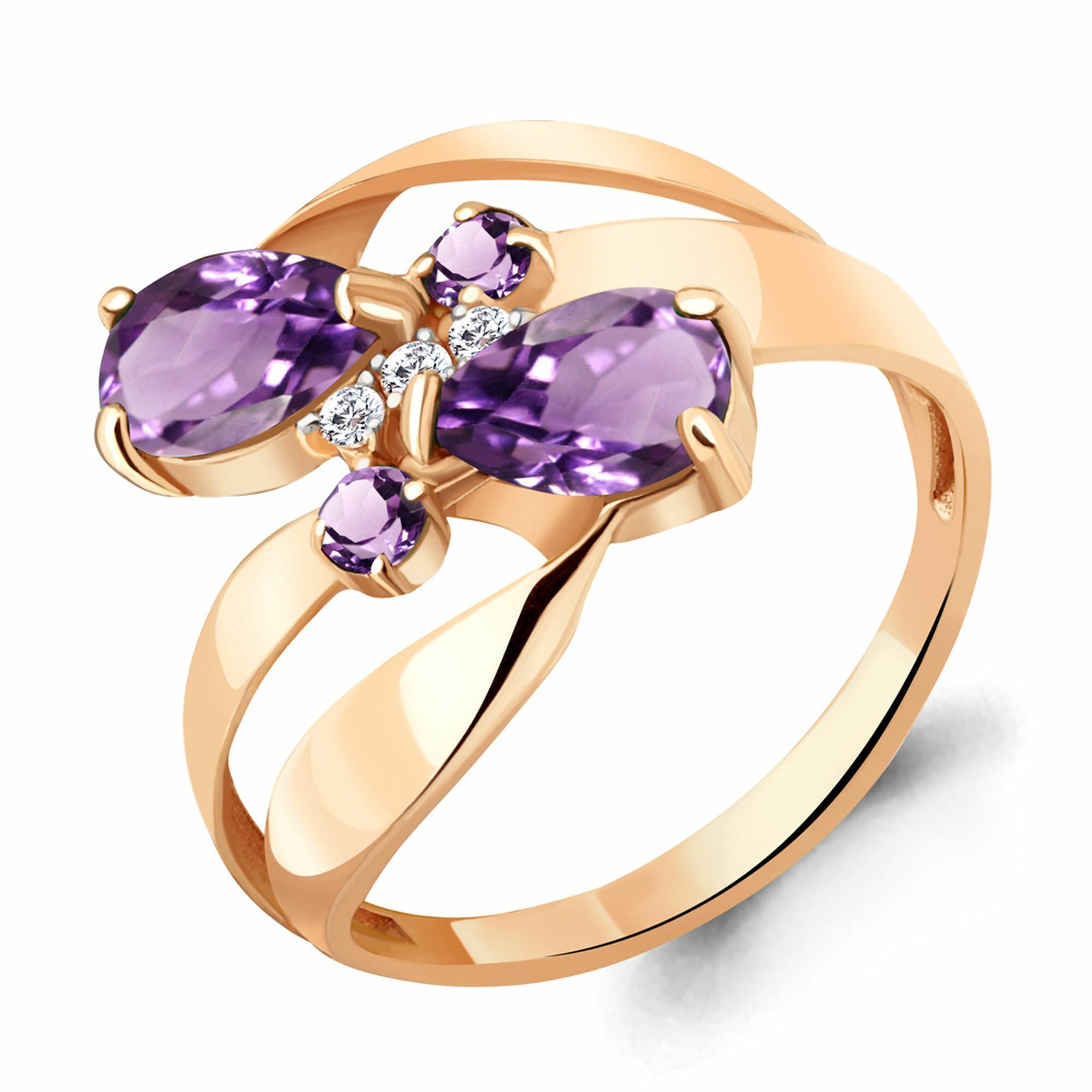 Кольцо, серебро, 925 проба, золочение, фианит, аметист