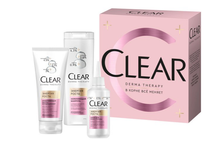 Подарочный набор CLEAR Derma Therapy, шампунь 200 мл, маска 200 мл и скраб 150 мл