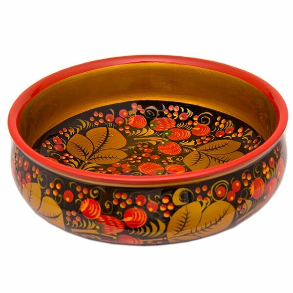 Хохломская сухарница расписная круглая деревянная Золото 19 х 5 см