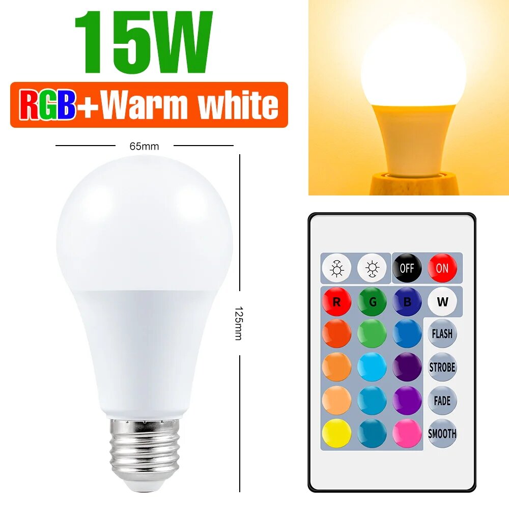 Светодиодная лампа RGB 15W E27, Warm White, с пультом