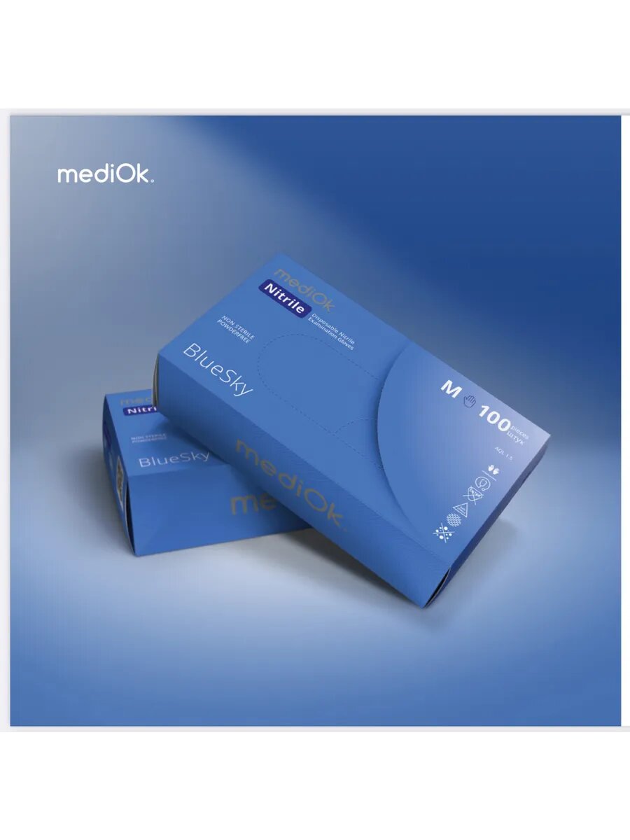 Перчатки нитриловые mediOk, голубой Blue Sky, размер M, 50 пар