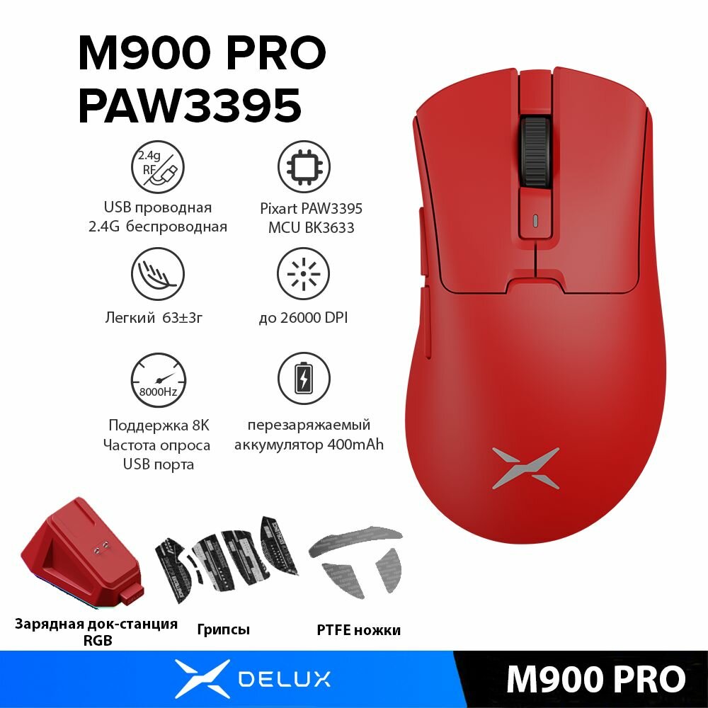 Игровая мышь DELUX M900PRO PAW3395, до 26000 DPI, Мышь беспроводная проводная,6 Программируемые-
