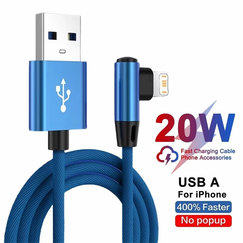 Прямоугольный USB-кабель для быстрой зарядки для iPhone 11 12 13 Pro XS Max X XR 6 6S 7 8 14 Plus Плетеный провод Угловой кабель для передачи данных 1 м 2 м 3 м 0.25m, Blue