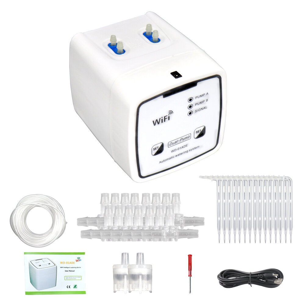 Устройство для полива WIFI с двойным насосом Таймер автоматическая капельная ирригация Удаленный контроллер через приложение для сада террасы горшечных растений цветов Цвет: Белый / Синий + Желтый Материал: ABSRated Voltage: 5VRated Current: 720mAPower: