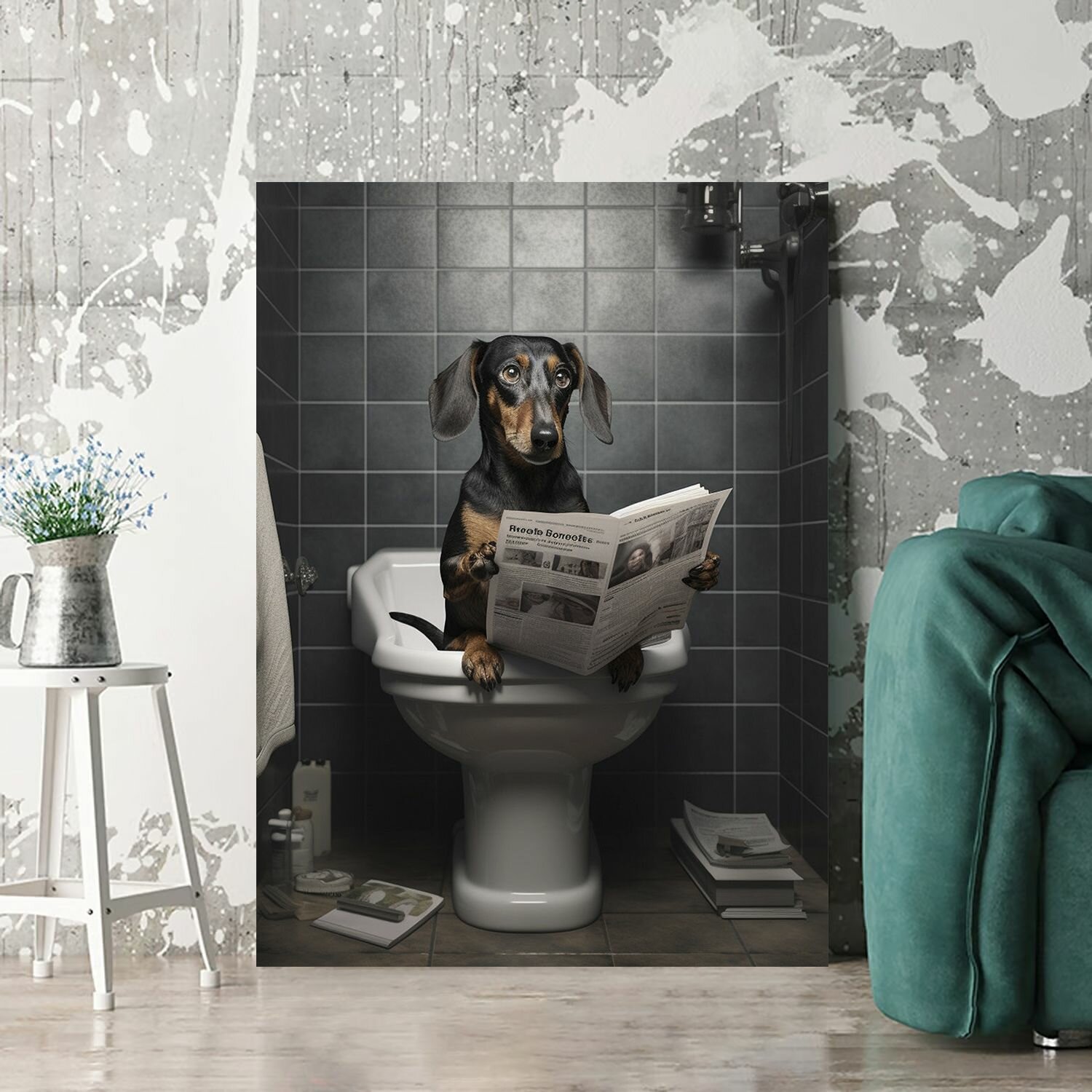 Картина в туалет, ванную комнату Такса читает, 20х30 см.