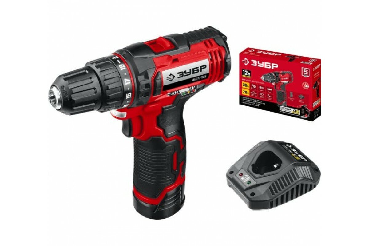 ЗУБР С1-12, 12 В, 30 Н·м, 1 АКБ (2 А·ч), дрель-шуруповерт ДШЛ-125-21