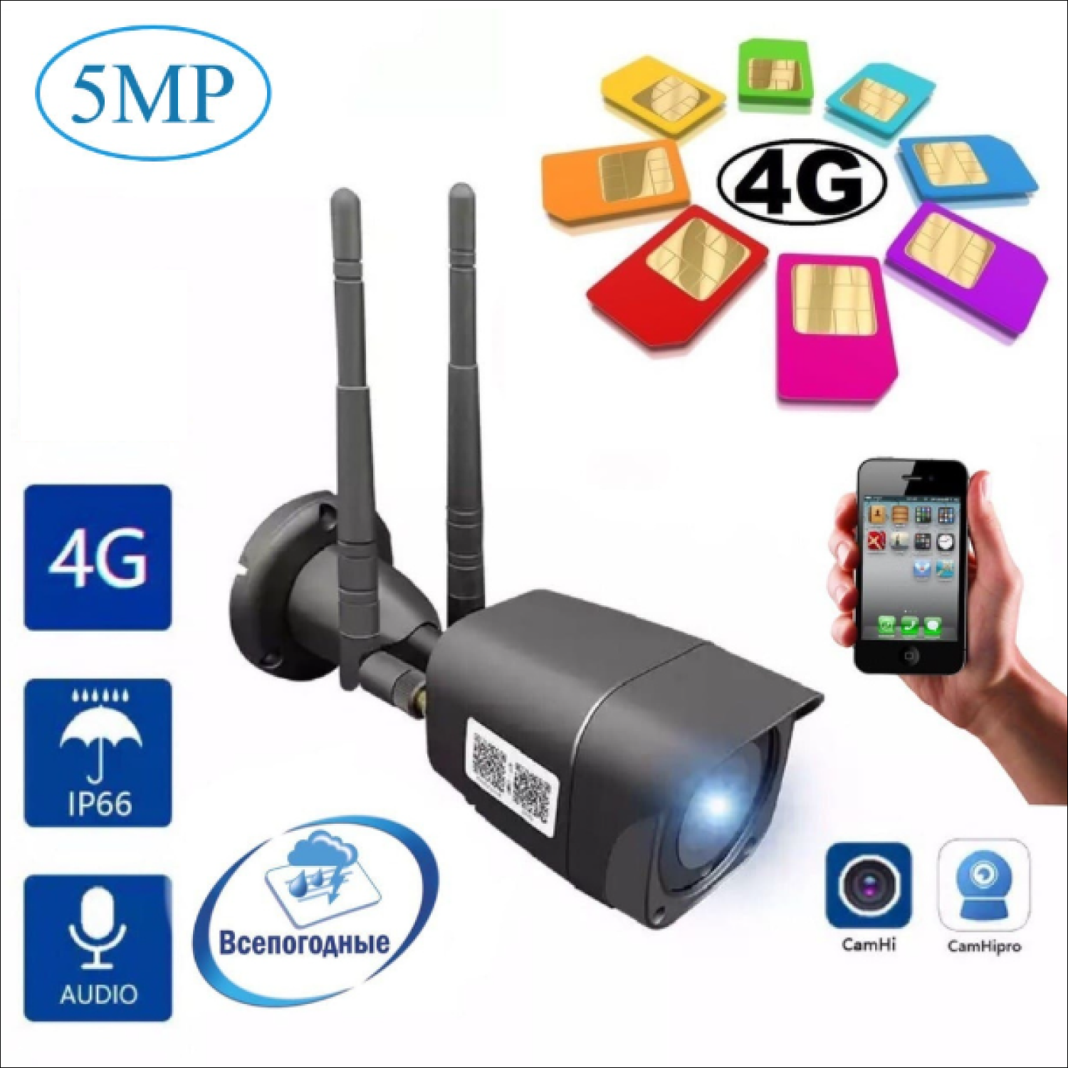 Уличная металлическая IP-камера видеонаблюдения 4G с раздачей wi-fi/ удаленный доступ CamHi, высокое разрешение 2880х1620, слежение за объективом 5MP