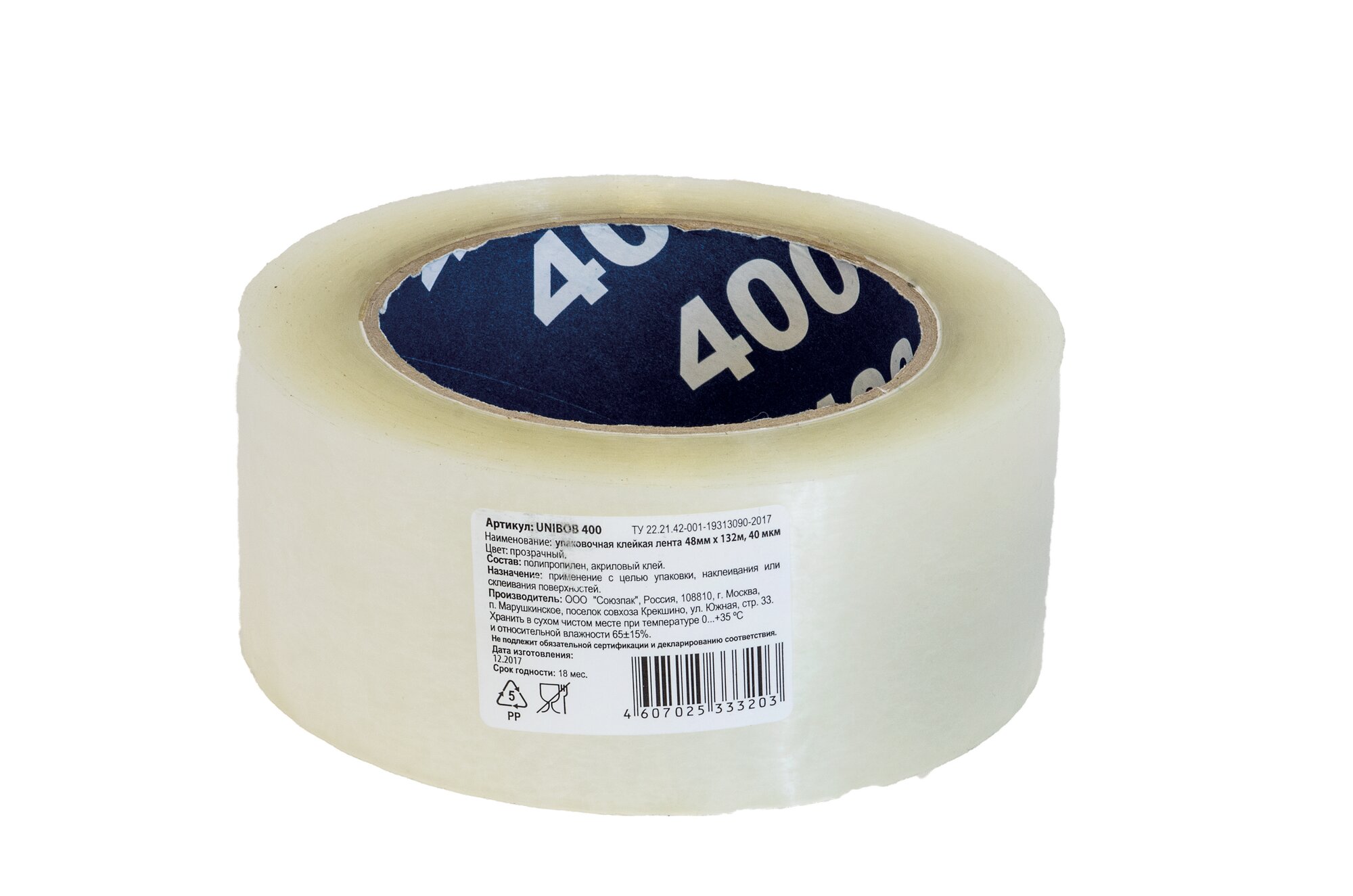 Скотч упаковочный прозрачный 48 мм х 132 м "Unibob 400" , односторонний, 1шт