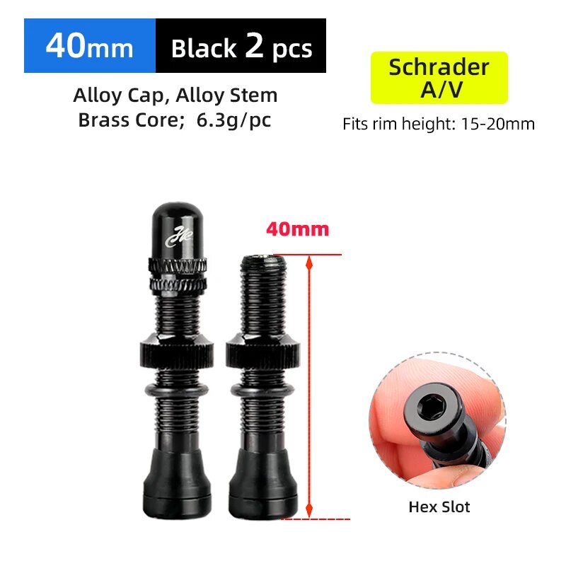 DEEMOUNT Клапаны Schrader 40/60 мм для бескамерных дисков Черный, AV 40mm Black 1Pair
