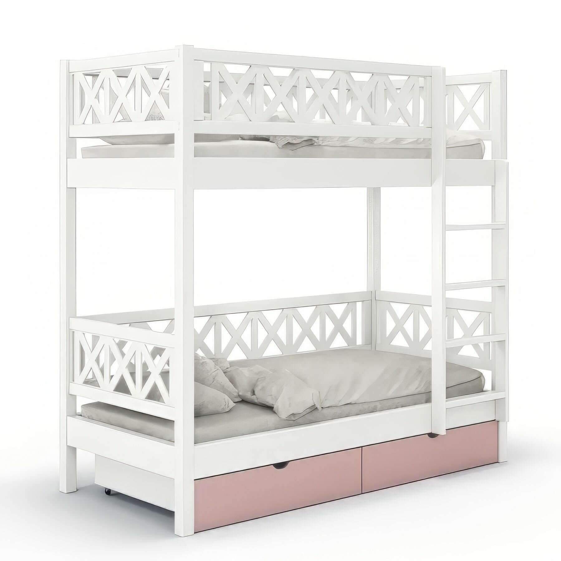 Meblevka Детская кровать двухъярусная Прованс 2 / Двухъярусная кровать для детей Прованс 2, 198х87х185, белый фасады розовый