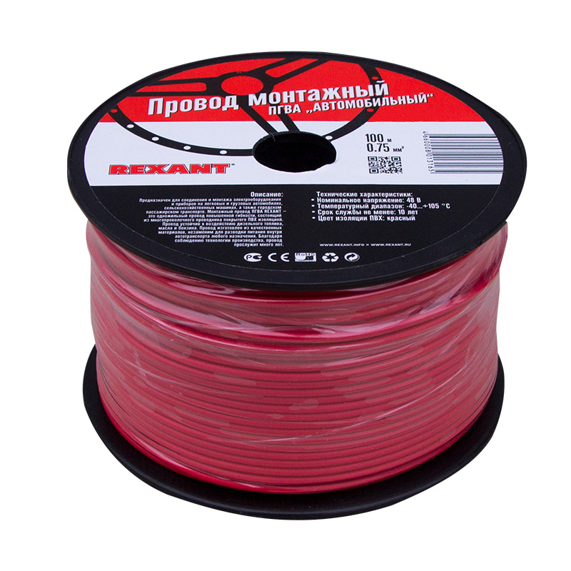 REXANT 01-6504 провод пгва1х0.75мм2, красный, бухта 100м\