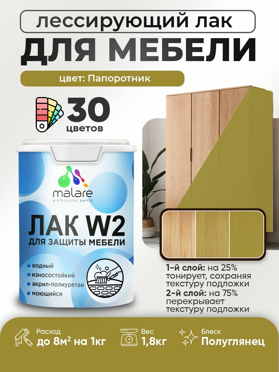 Лак колерованный тонирующий лак для мебели Malare W2 для кухонных фасадов, для дерева и минеральных поверхностей, акриловый быстросохнущий без запаха, полуглянцевый, папоротник, 1.8 кг.