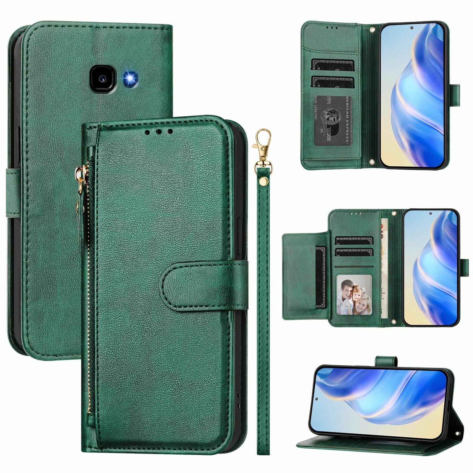 Кожаный книжка чехол в виде бумажника для Samsung Galaxy A3 2017/A320(Самсунг Галакси A3 2017/A320) с застежкой-молнией, коротким шнуром, Складной слот для карт и отделением для кошелька