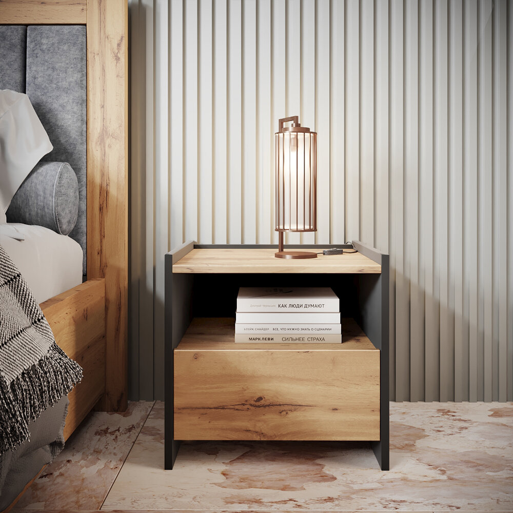 Тумба прикроватная напольная с выдвижным ящиком Фабрика Стиль Оникс 1Л, 43х40х43 см, дуб вотан и черный
