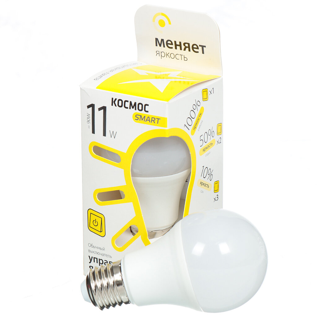 Лампа светодиодная E27, 11 Вт, 90 Вт, груша, 3000 К, свет теплый белый, Космос, Smart