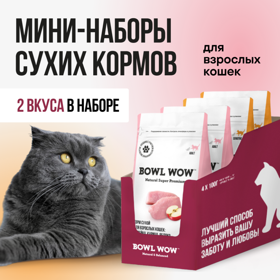 Сухой корм для кошек BOWL WOW мини-набор для чувствительного ЖКТ - 100 г х 4 шт: с яблоком - 2 шт; тыквой - 2 шт