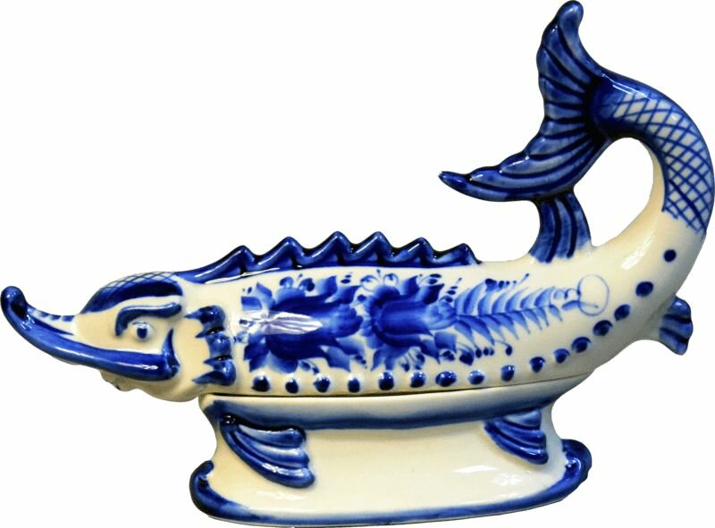 Икорница фарфоровая "Осетр" Гжель. Ручная работа, Россия.