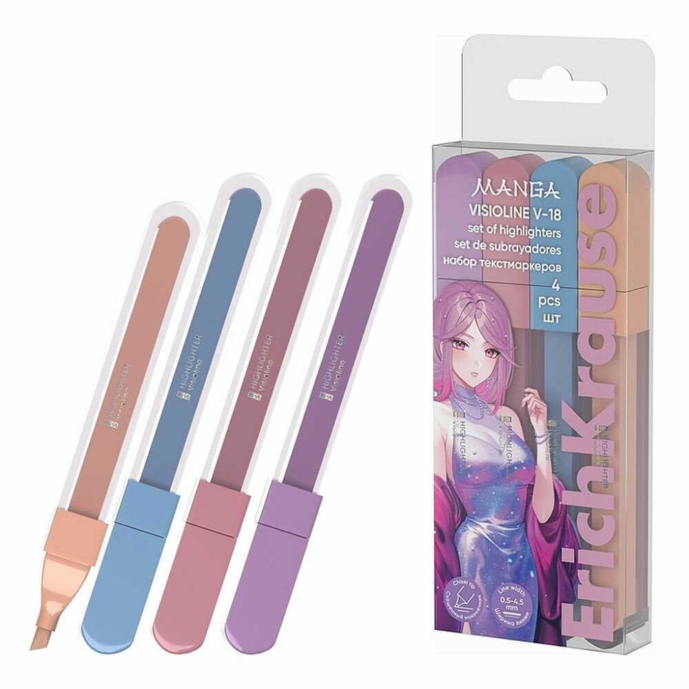 Маркер текстовой Erich Krause Набор 4 цвета Visioline V-18 Manga скошенный, 0,5-4,5 мм (60813)