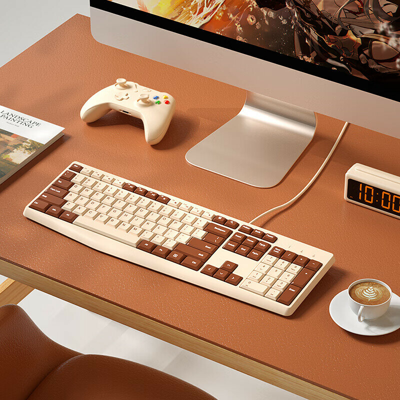 B.O.W Hangshi K160U Wired Keyboard, External Laptop Desktop Computer Office Typing Home Ultra-Thin Silent Portable Universal Business Keyboard, Milk Coffee Color