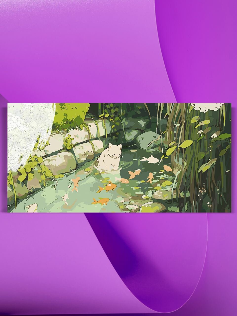 Картина по номерам на холсте Котик играет с рыбками кои, 30 х 60 см