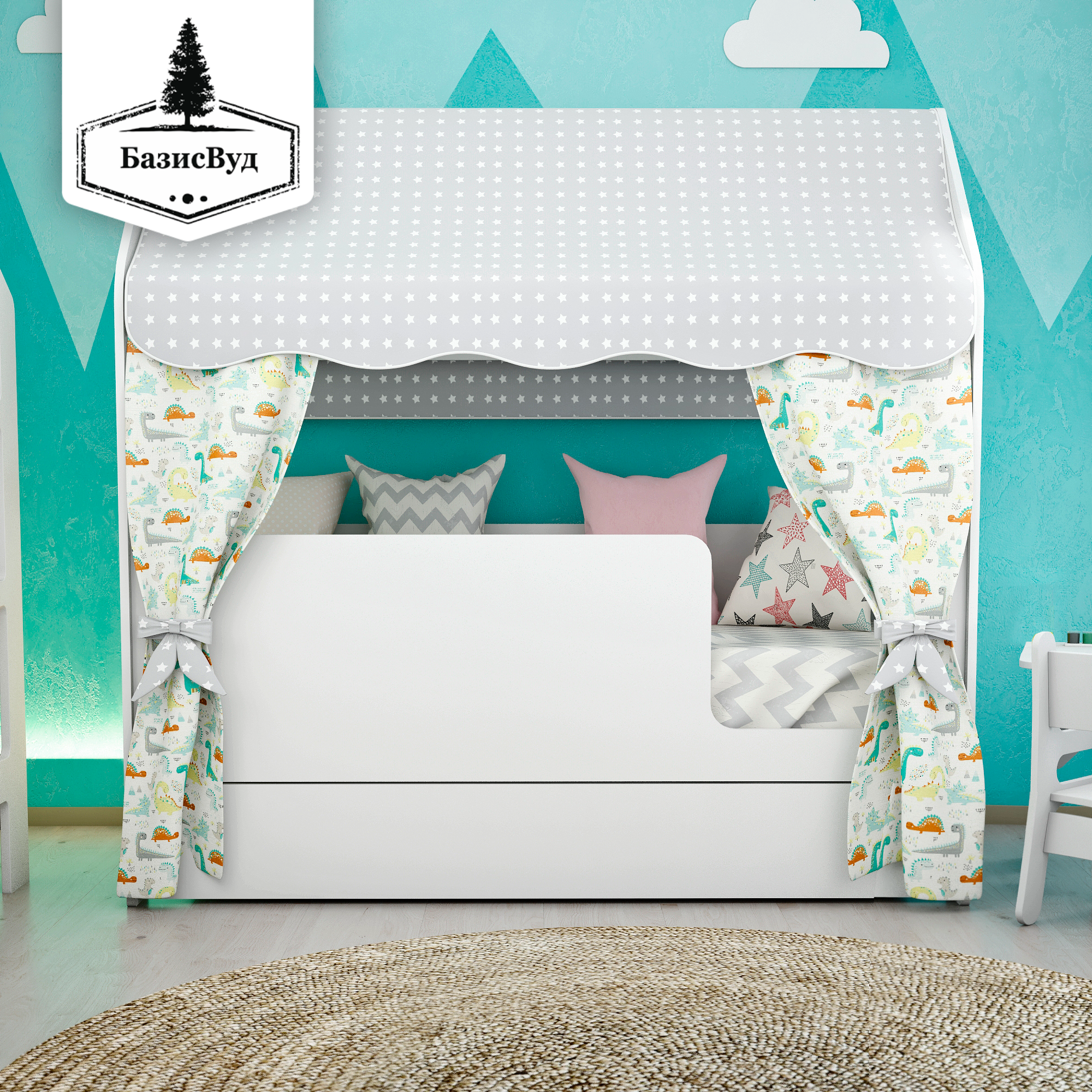 Кровать-домик, Кровать детская с бортиком под матрас 160х80, БазисВуд "Сладкий сон" с текстилем ( серый, с динозавриками) и ящиком, вход универсальный