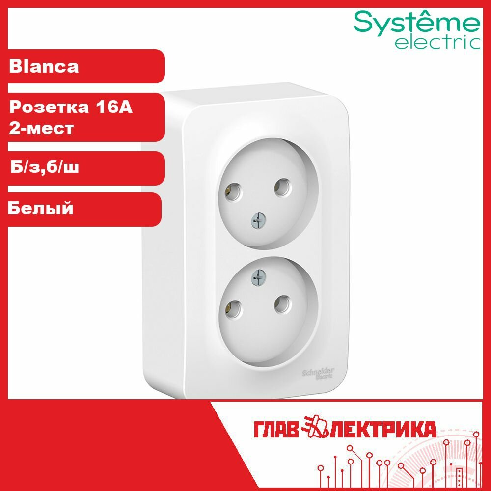 Розетка Systeme Electric Blanca BLNRA000201, двойная, накладная, без пластины, б/з, без шторок, 16А, IP20, Белый