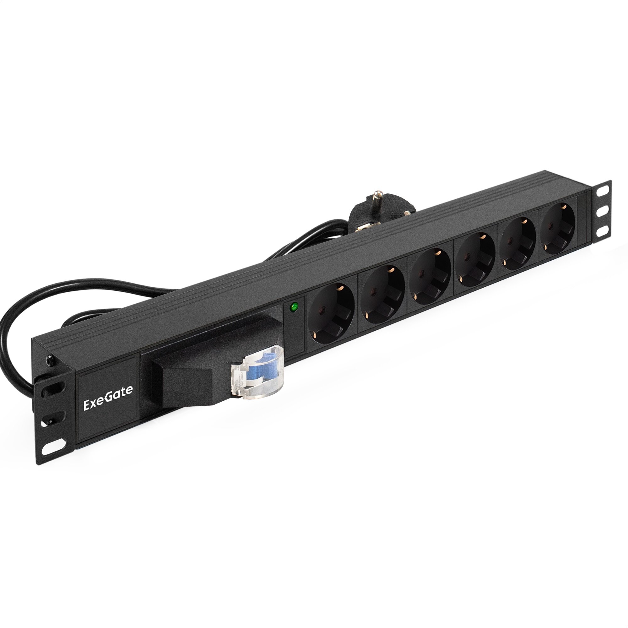 Блок розеток с автоматом защиты ExeGate ServerPro PDU-19H610 Al-6S-EU2.5CU-1P (19", 1U, Алюминий, 6 Schuko, кабель с евровилкой VDE-250V-16A-3*1.5mm2, медь, 2.5 метра, защита от перегрузки, черный, RTL) EX280835RUS